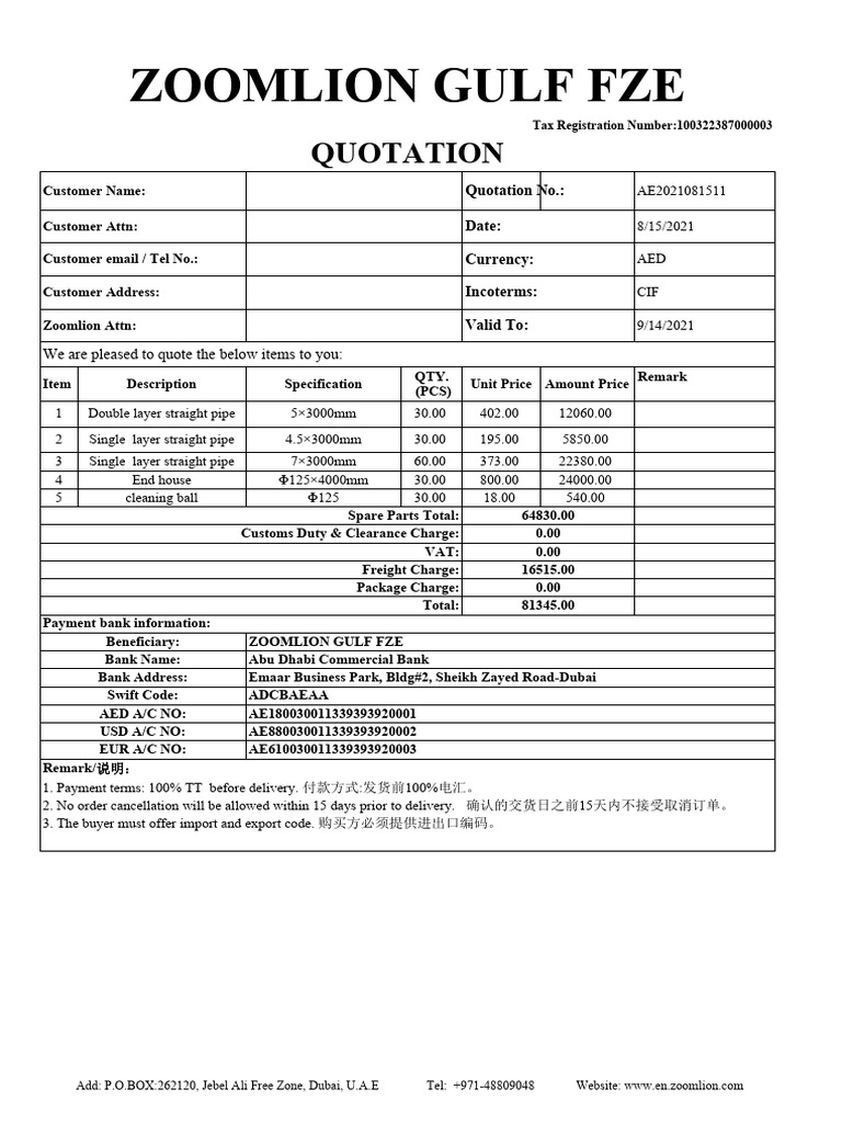 Zoomlion Quotation for Spare Parts | PDF