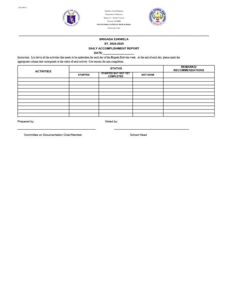 Brigada Eskwela Form 6 Daily Accomplishment Report 2 - 2024 | PDF