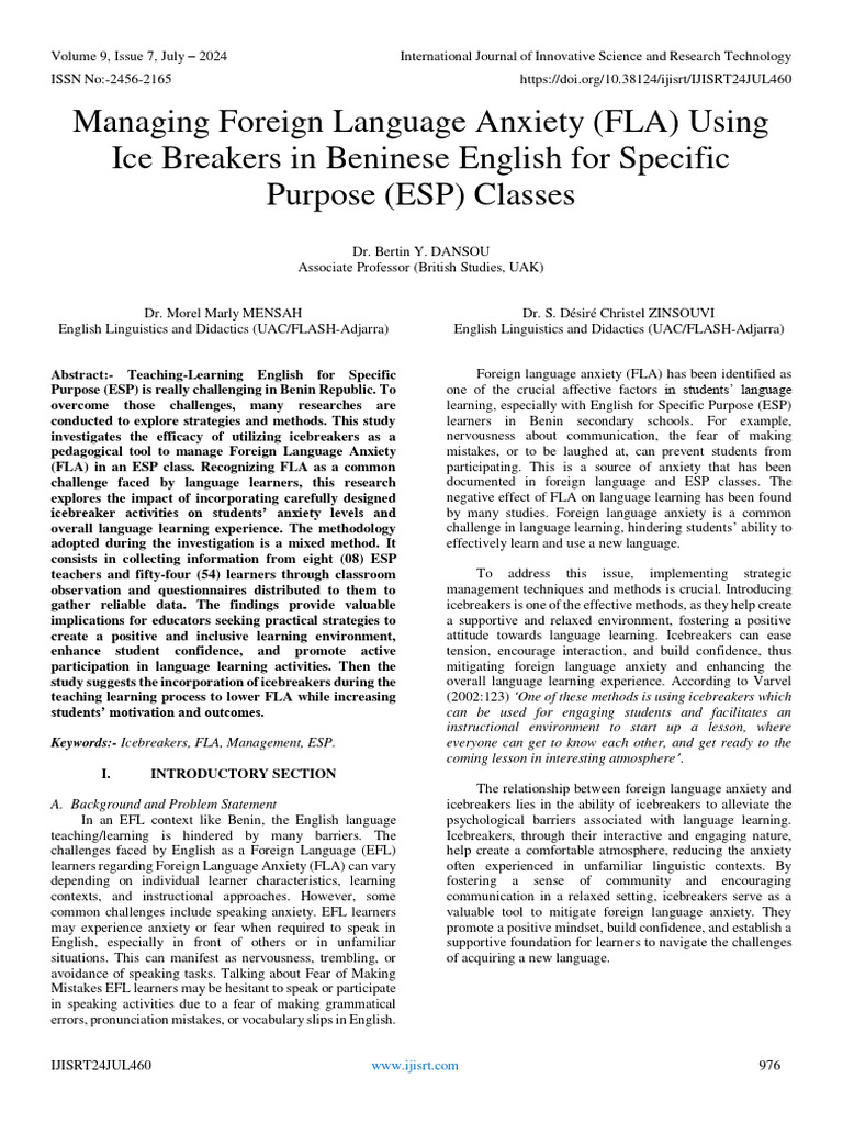 Managing Foreign Language Anxiety (FLA) Using Ice Breakers in Beninese English For Specific ...