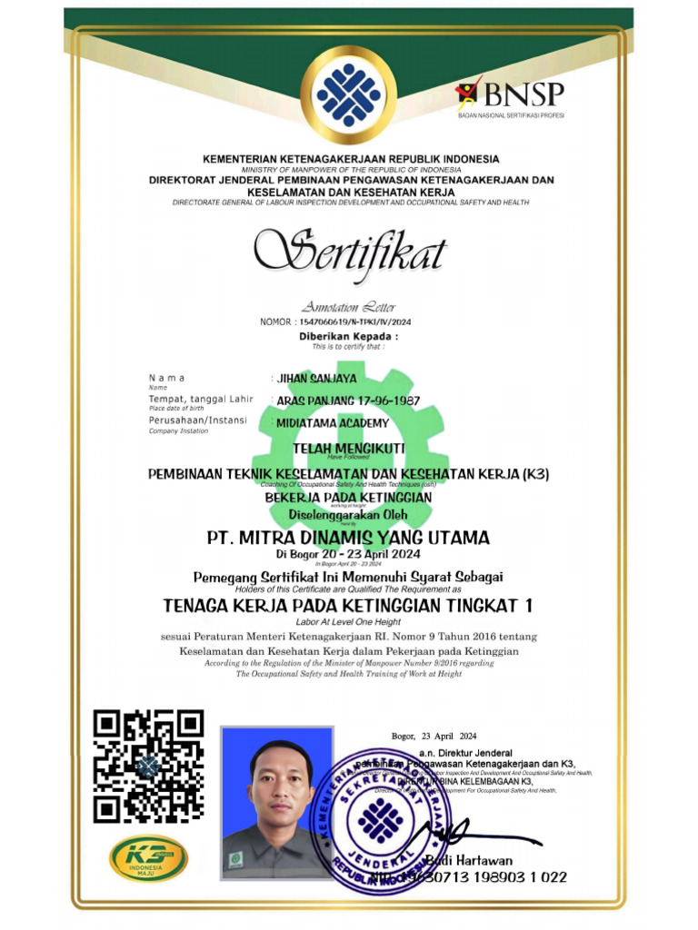 Sertifikat K3 Ketinggian Jihan Sanjaya | PDF