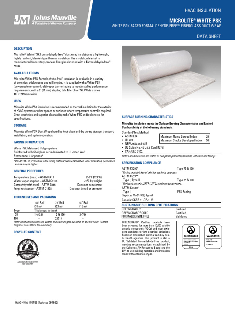 JM HVAC Microlite PSK Data Sheet EN | PDF | Duct (Flow) | Thermal Insulation