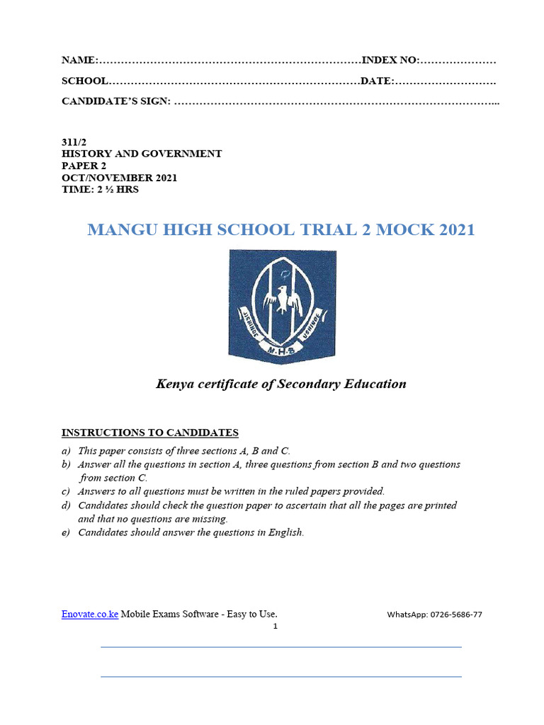 HISTORY PP2 Mangu Trial 2 Mocks | PDF | Africa