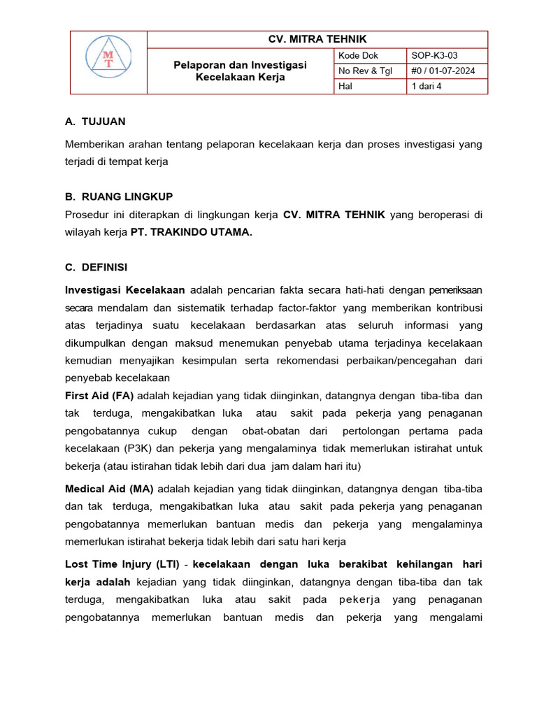 Pelaporan & Investigasi Kecelakaan CV. MITRA TEHNIK | PDF