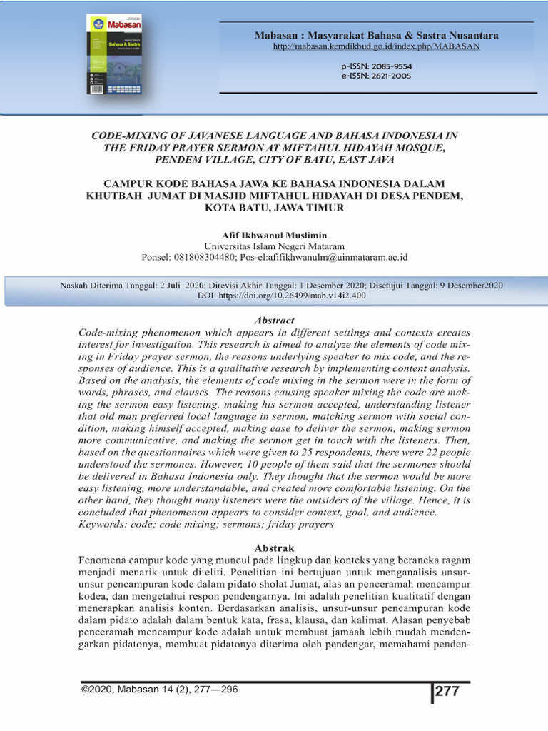 2020 Codemix of Java and Indonesia Afif | PDF | Adverb | Indonesian Language