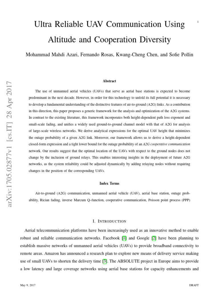 Ultra Reliable UAV Communication Using Altitude and Cooperation Diversity | PDF