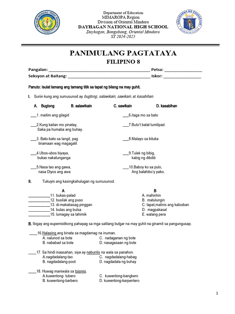 PRE Test Filipino 8 | PDF