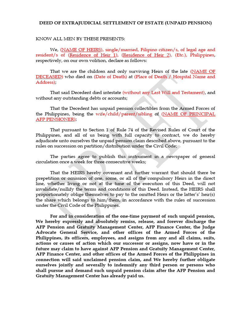 Sample of DEED OF EXTRAJUDICIAL SETTLEMENT OF ESTATE | PDF | Inheritance | Deed