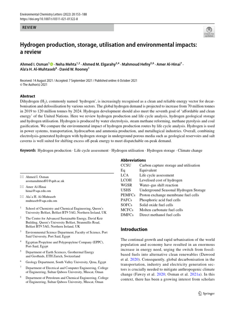 Hydrogen Production Storage Utilisation And Environmental Impacts A Review Pdf Hydrogen