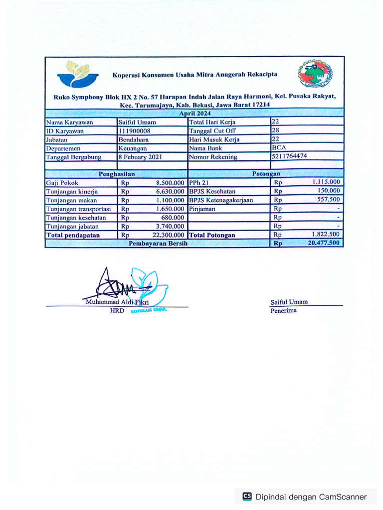Slip Gaji Bulan April 2024 - Saiful Umam - Koperasi UMAR | PDF