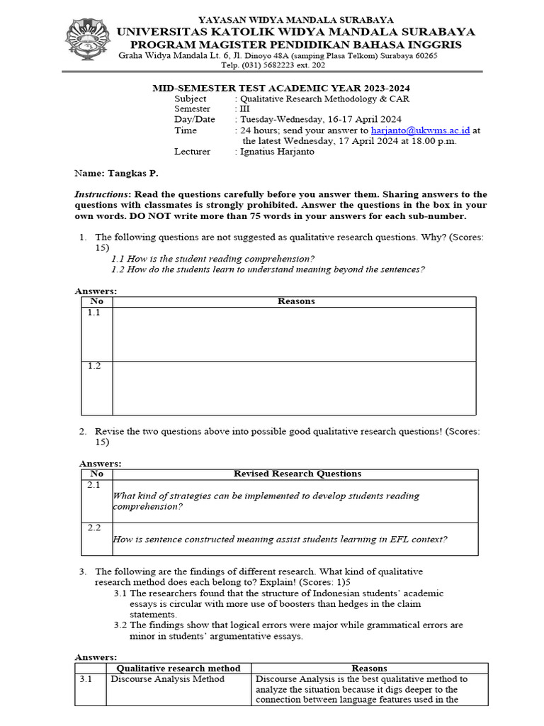 UTS - Qualitative R M & CAR - April 2024 | PDF | Question | Methodology