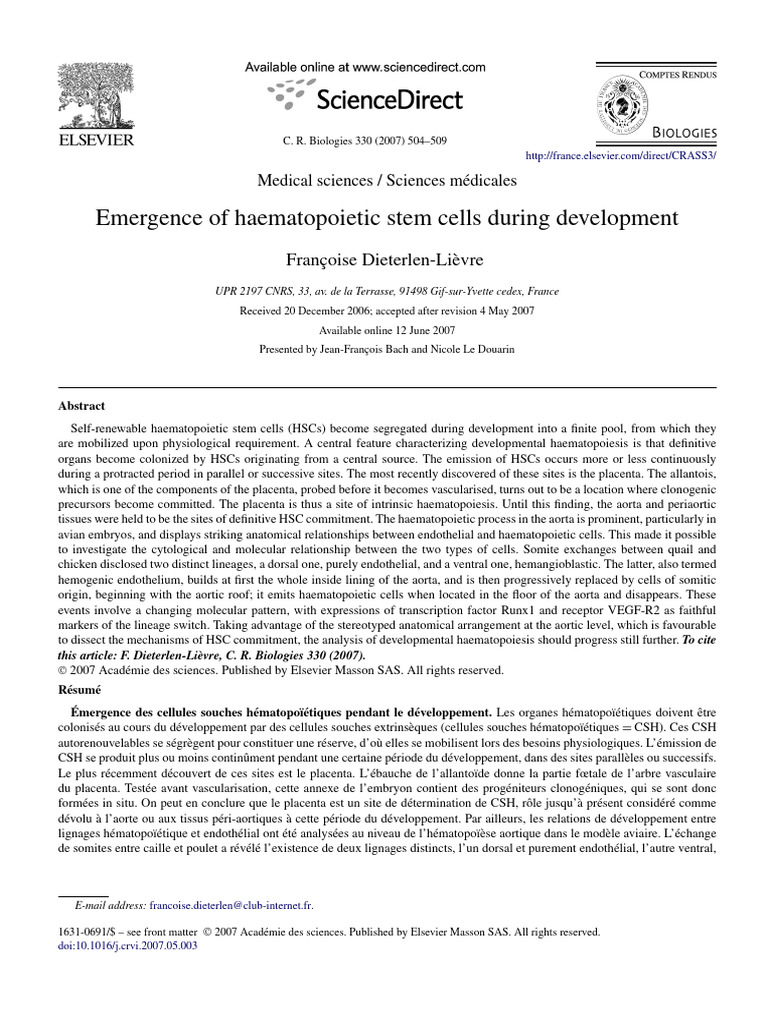 Emergence of haematopoietic stem cells during development | PDF | Haematopoiesis | Hematopoietic ...