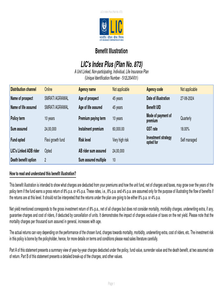 Benefit Illustration LIC's Index Plus | PDF | Insurance | Investing