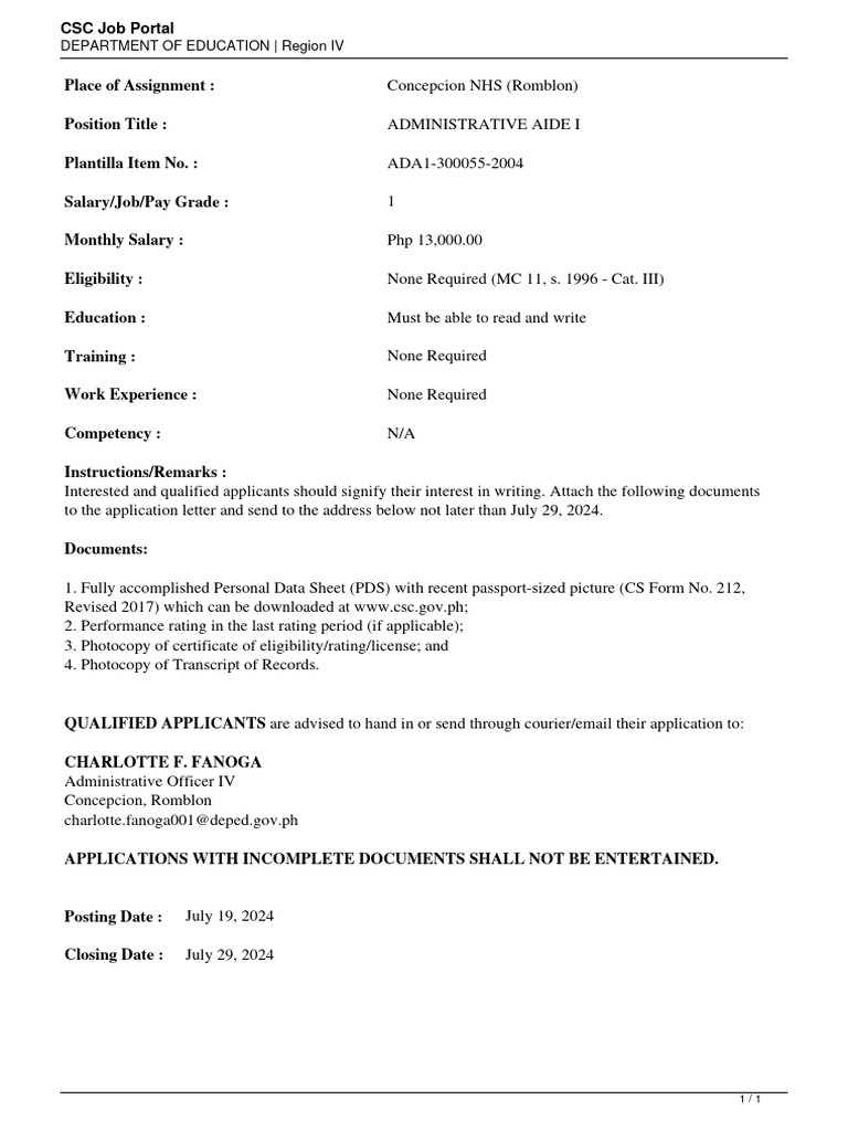 Department of Education-Administrative Aide I | PDF