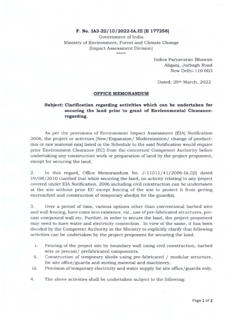 MOEF OM On Contruction of Compound Wall | PDF