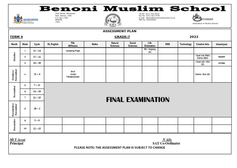 Grade 7 Term 4 Assessment Plan | PDF