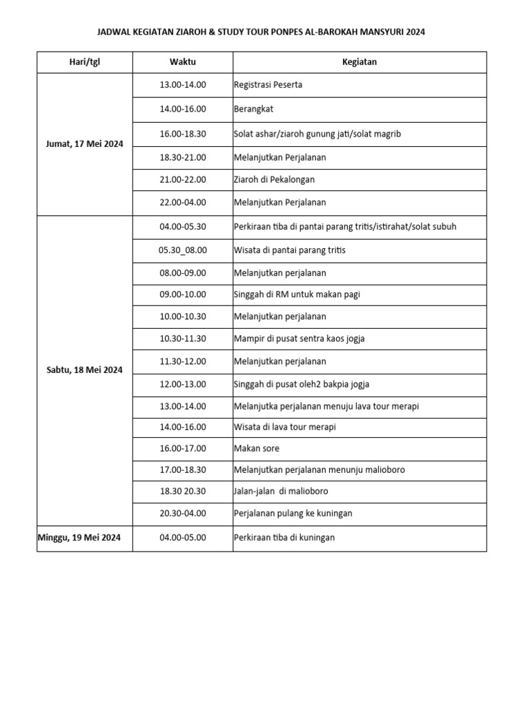 Jadwal Kegiatan Ziaroh & Tour 2024 | PDF