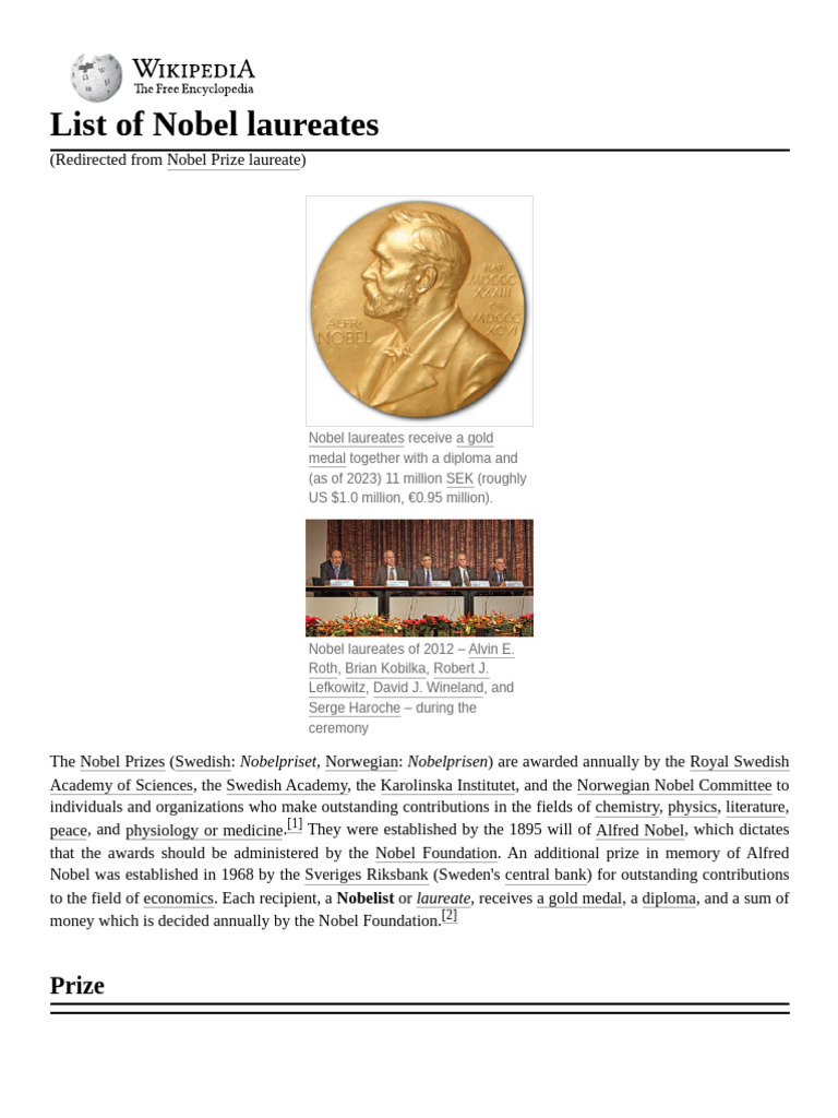 Nobel Prize Winners and Awards Overview | PDF | Nobel Prize