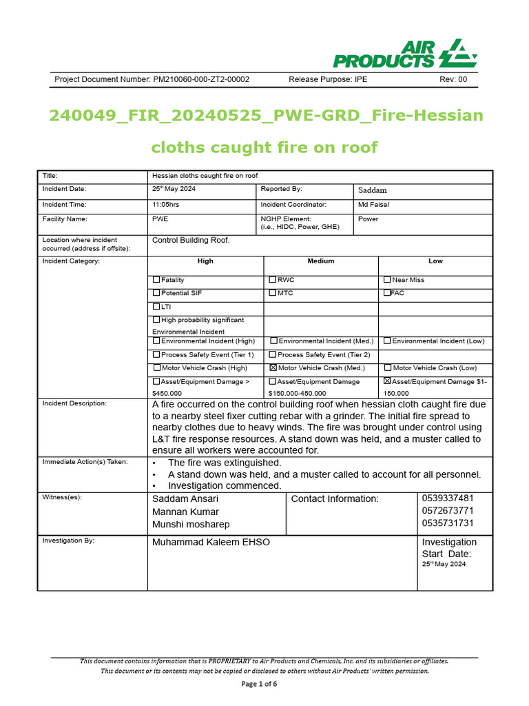 FIR - 20240525 - PWE-GRD - Fire - Hessain Cloth Caught Fire On Roof ...