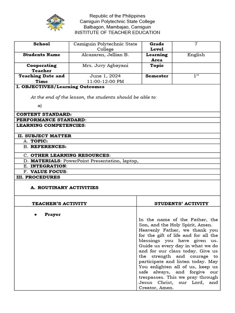 Grade 7 English Lesson Plan | PDF | Learning | Behavior Modification
