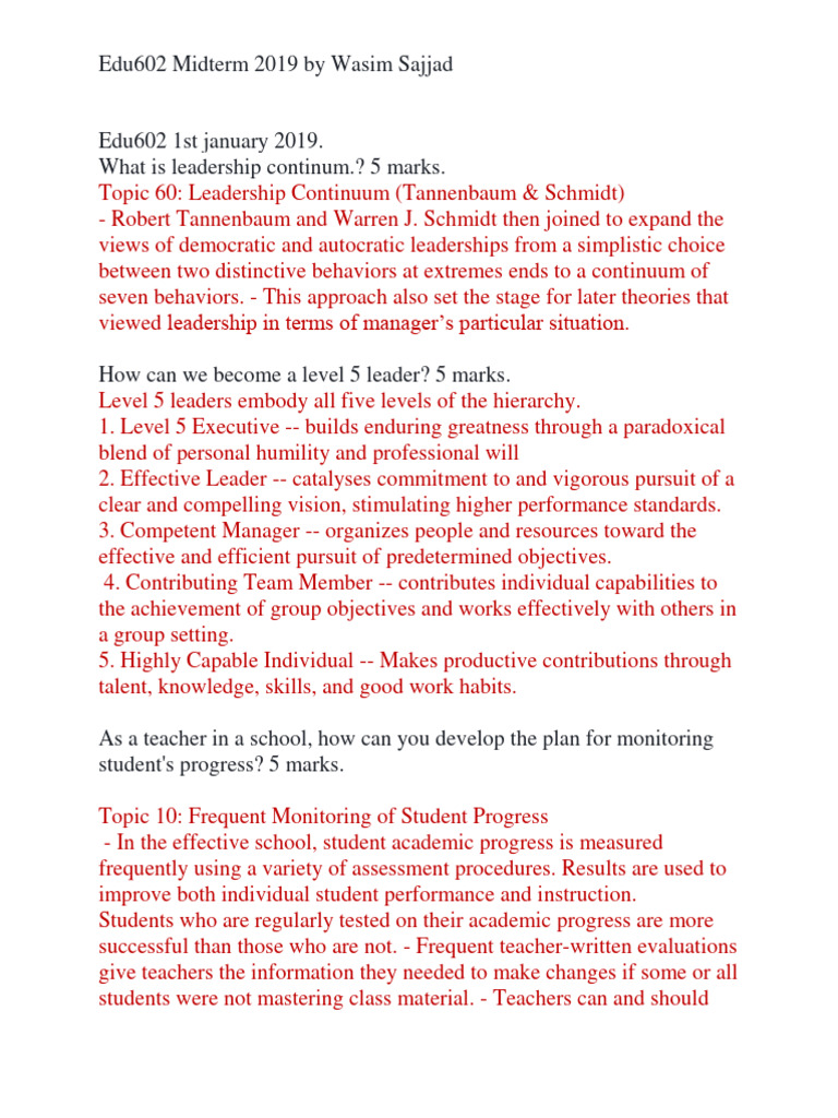 Edu602 Midterm 2019 | PDF | Leadership | Job Satisfaction