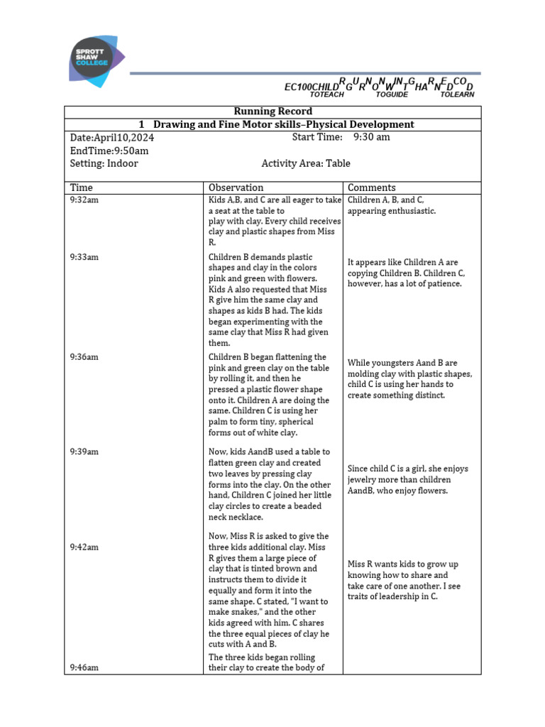 Running Record - Observation | PDF | Toys