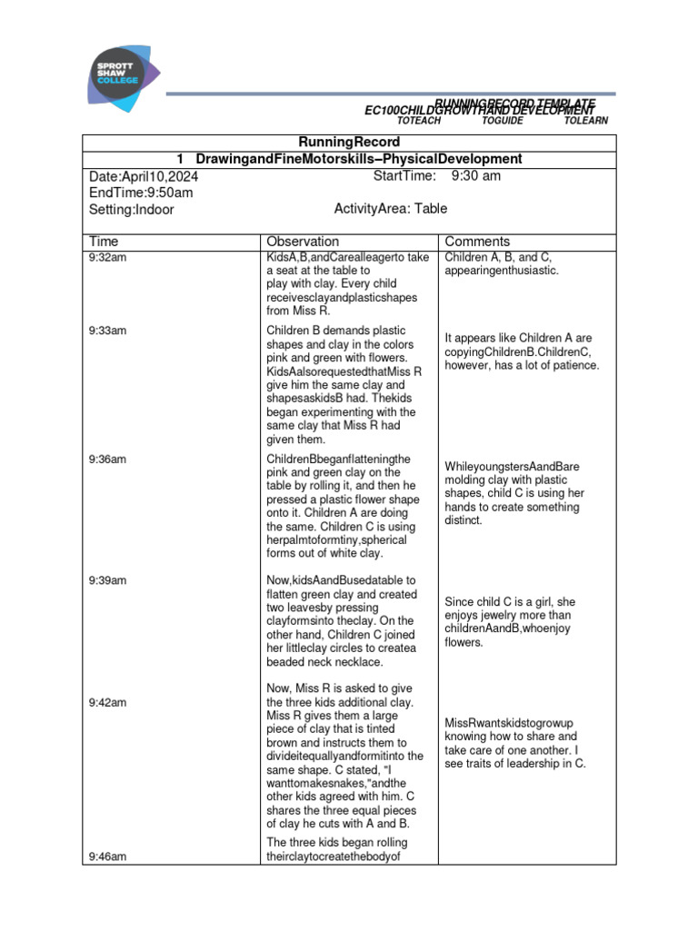 Running Record Observation | PDF | Toys | Playground