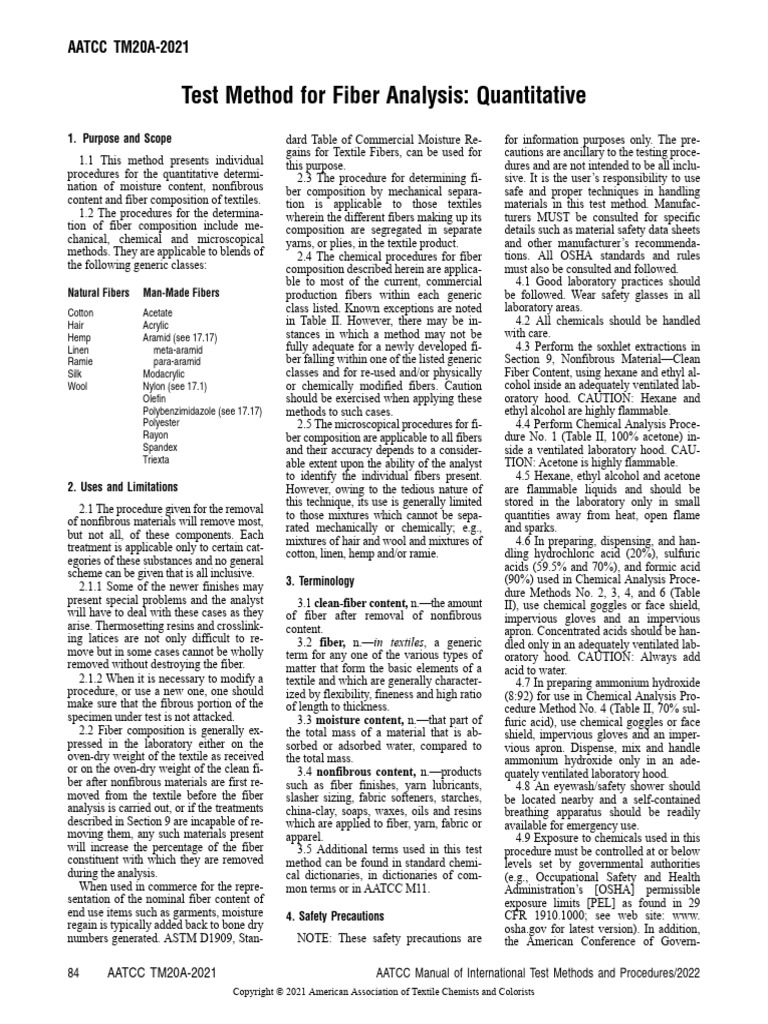 AATCC TM20A-2021-Quantitative | PDF | Textiles | Sulfuric Acid