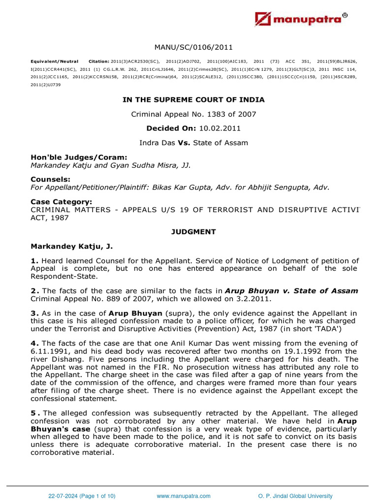 Indra Das Vs State of Assam 10022011 SCs110105COM662581 | PDF | Justice ...