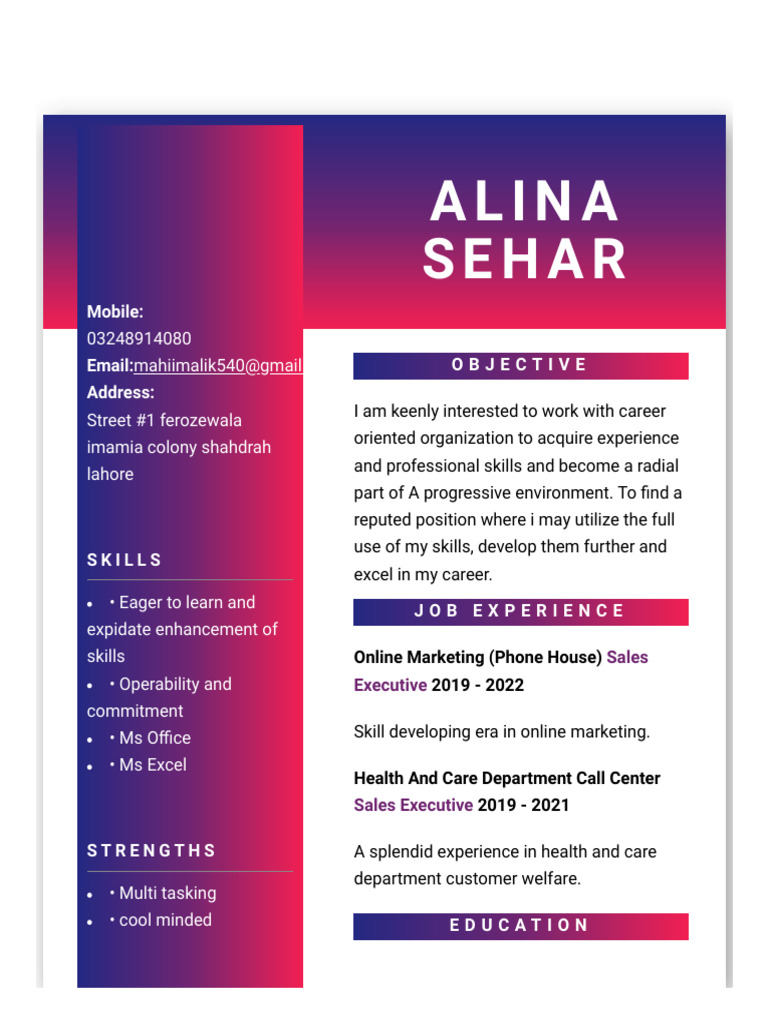 Alina Sehar: Sales Executive Resume | PDF | Career & Growth