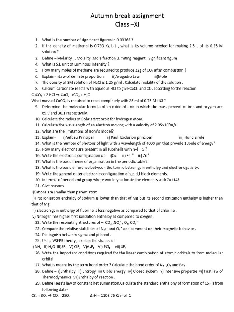 Autumn Break Assignment - CLASS XI BBK 2023 | PDF | Enthalpy | Chemical ... Autumn Break Assignment - CLASS XI BBK 2023 | PDF | Enthalpy | Chemical ...