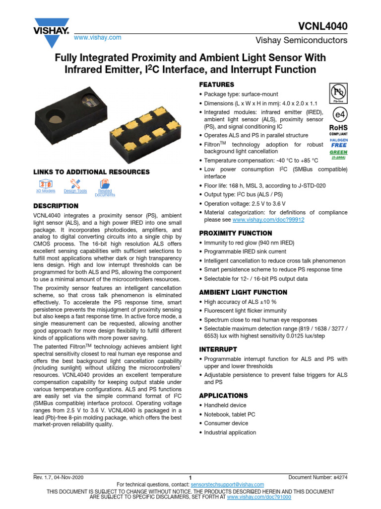 VCNL 4040 | PDF | Sensor | Integrated Circuit