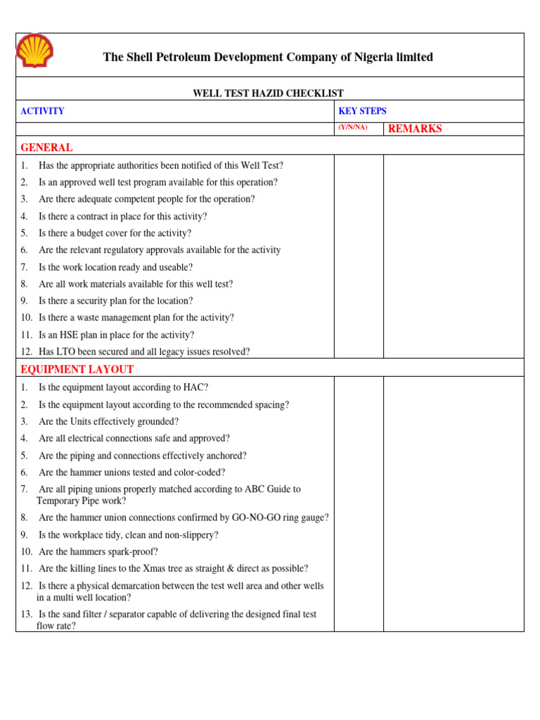 Well Test Hazid Checklist1 | PDF | Firefighting | Safety