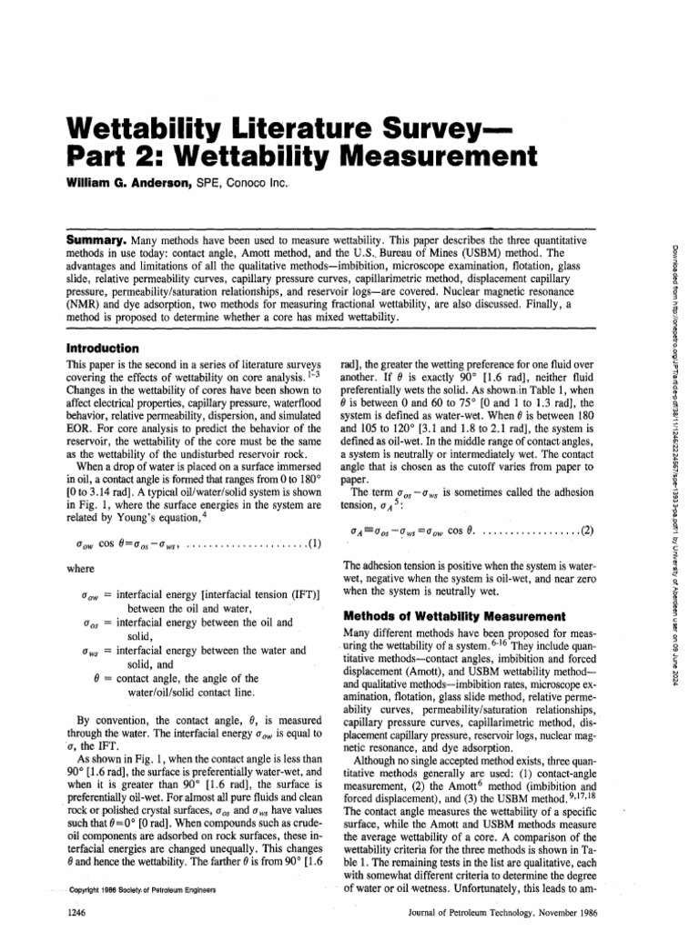 Wettability Literature Surve Part 2 - Wettability Measurement Spe-13933 ...
