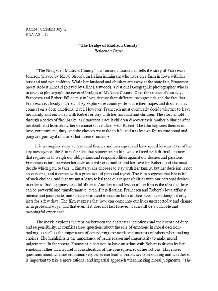 The Bridge of Madison County (Reflection Paper) - Ramos, Christine Joy ...