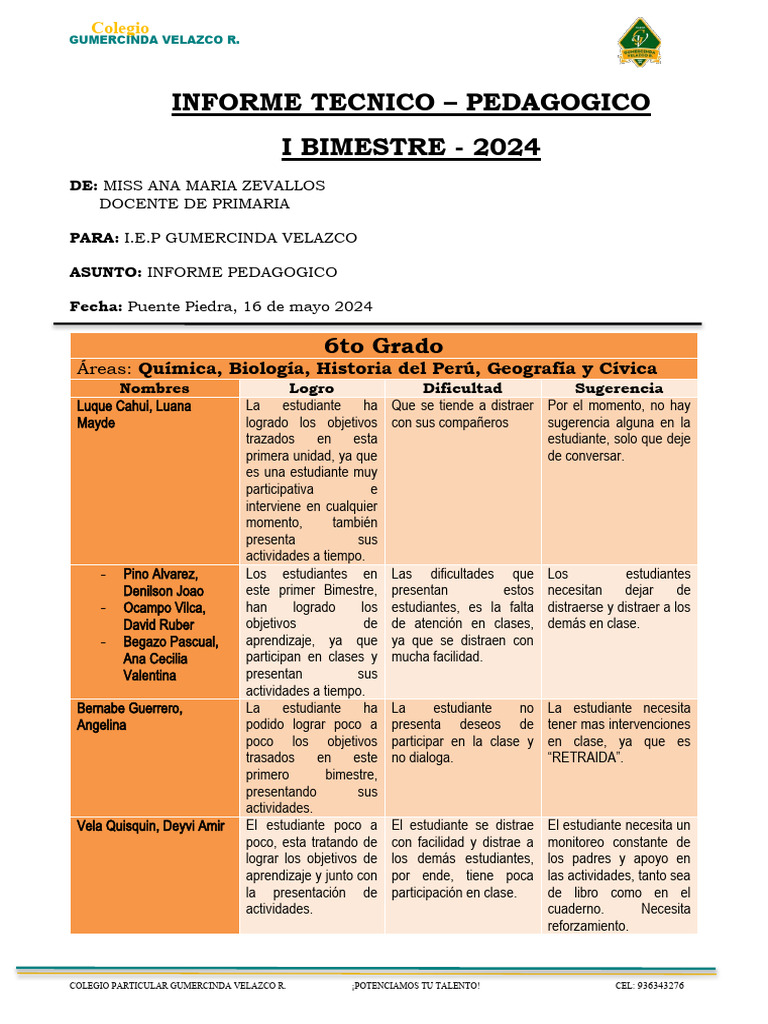 Informe Pedagógico 6to Grado 2024 | PDF