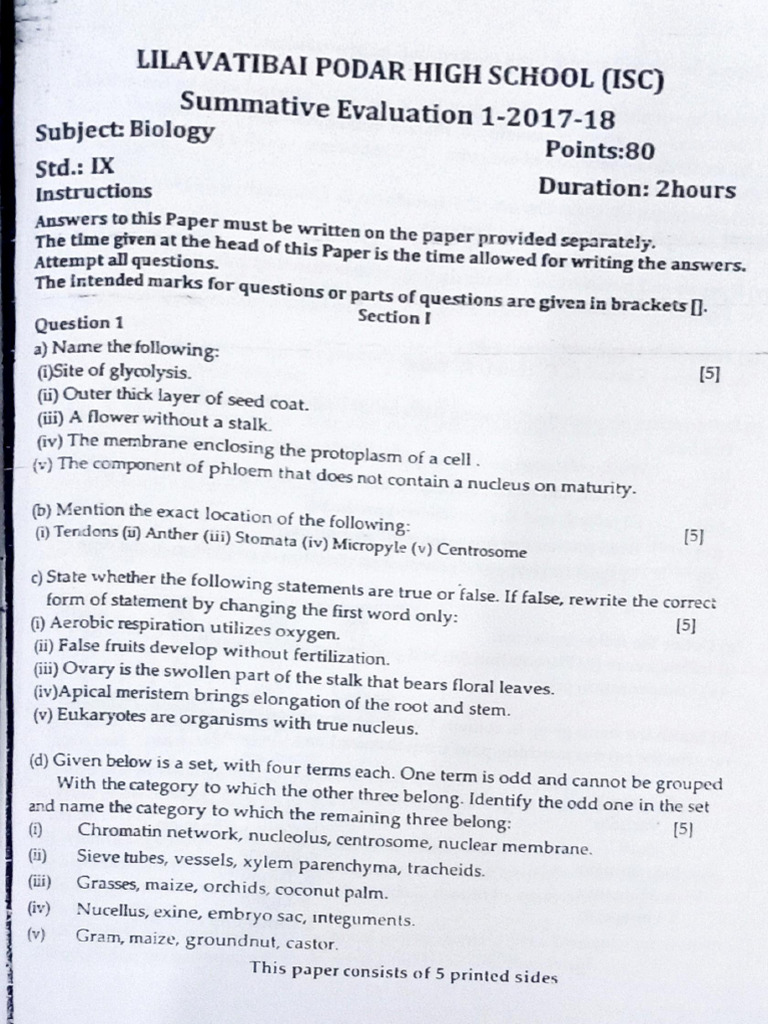 Biology Class Pyq 2017 - 2018 | PDF