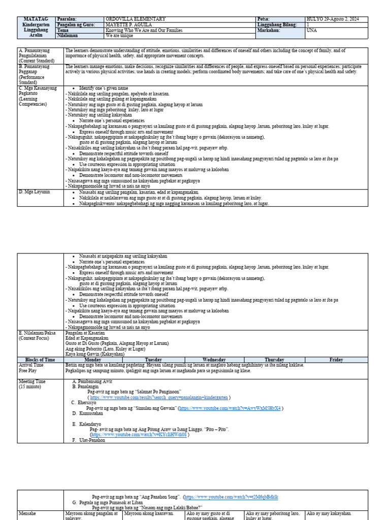 q1 Week 1 Lesson Plan Matatag | PDF