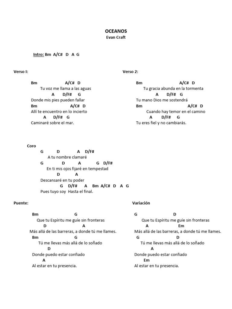 Letra de "Oceanos" de Evan Craft | PDF