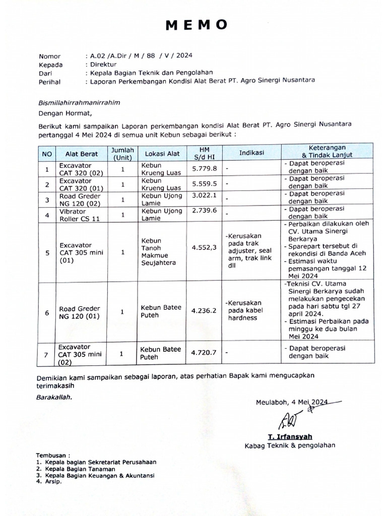 Lap. Perkembangan Kondisi Alat Berat PT - ASN | PDF