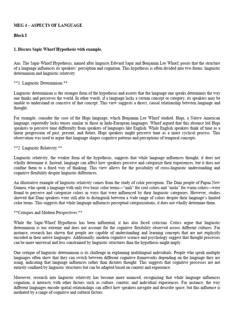 Meg 04 - Block 01 - Aspects of Language | PDF | Linguistics | English Language