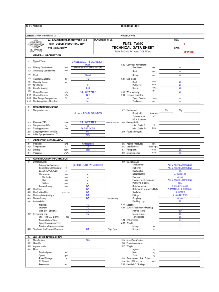 1,200L - Design Data Sheet | PDF | Pressure | Mechanical Engineering