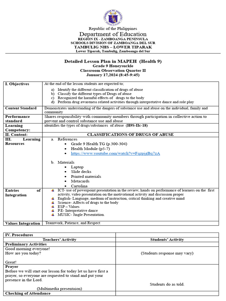 Detailed Lesson Plan in Health 9 | PDF | Recreational Drug Use | Stimulant