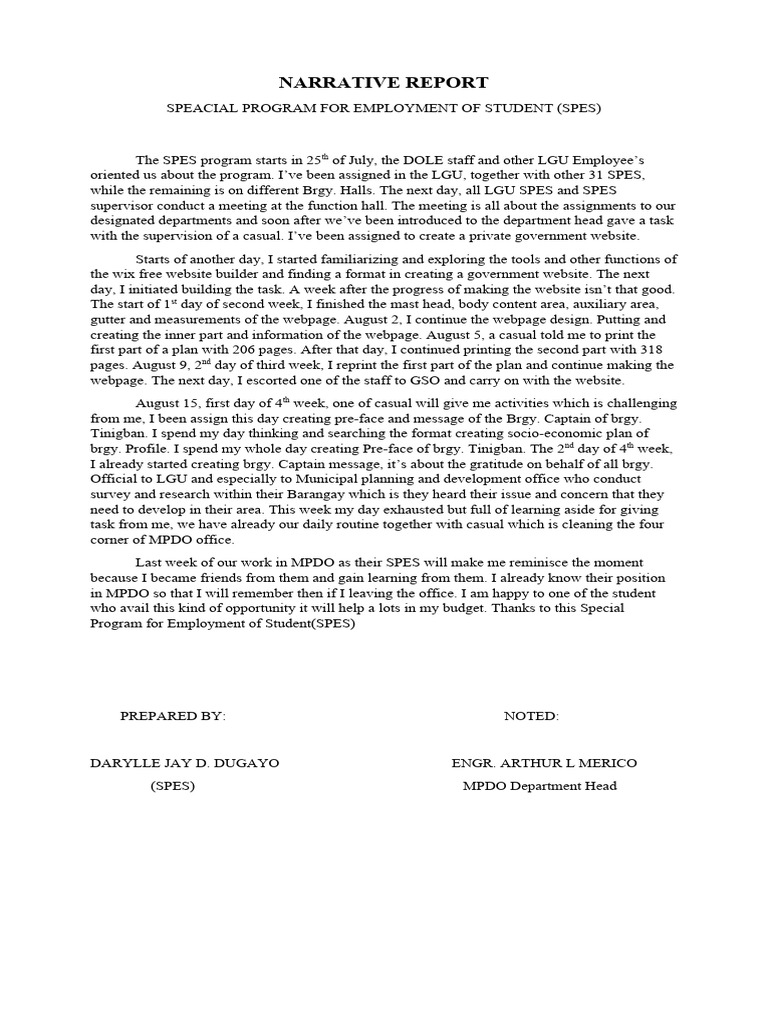 NARRATIVE REPORT | PDF