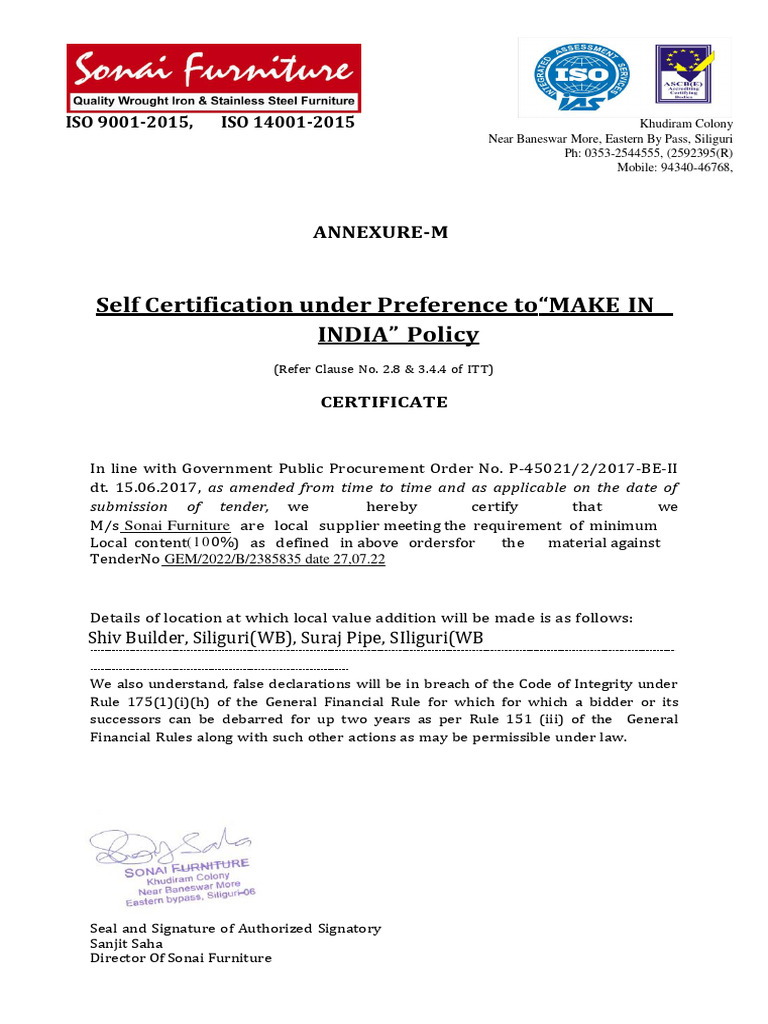 Self Certification Under Preference To "MAKE IN INDIA" Policy | PDF