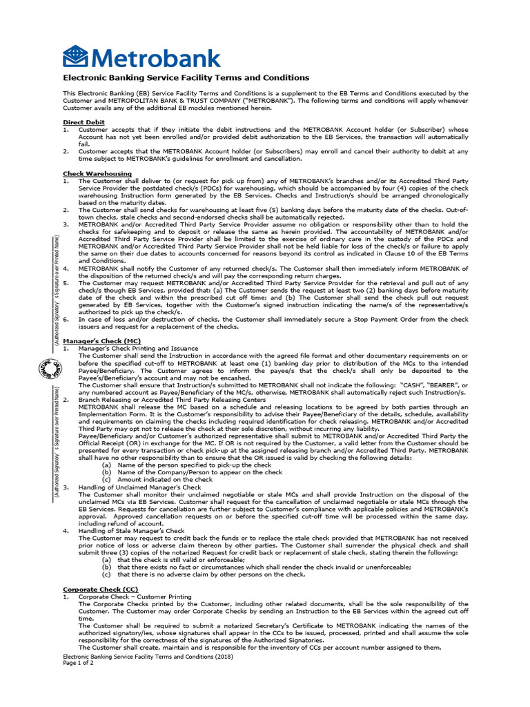 Electronic Banking Service Facility Terms and Conditions Check ...
