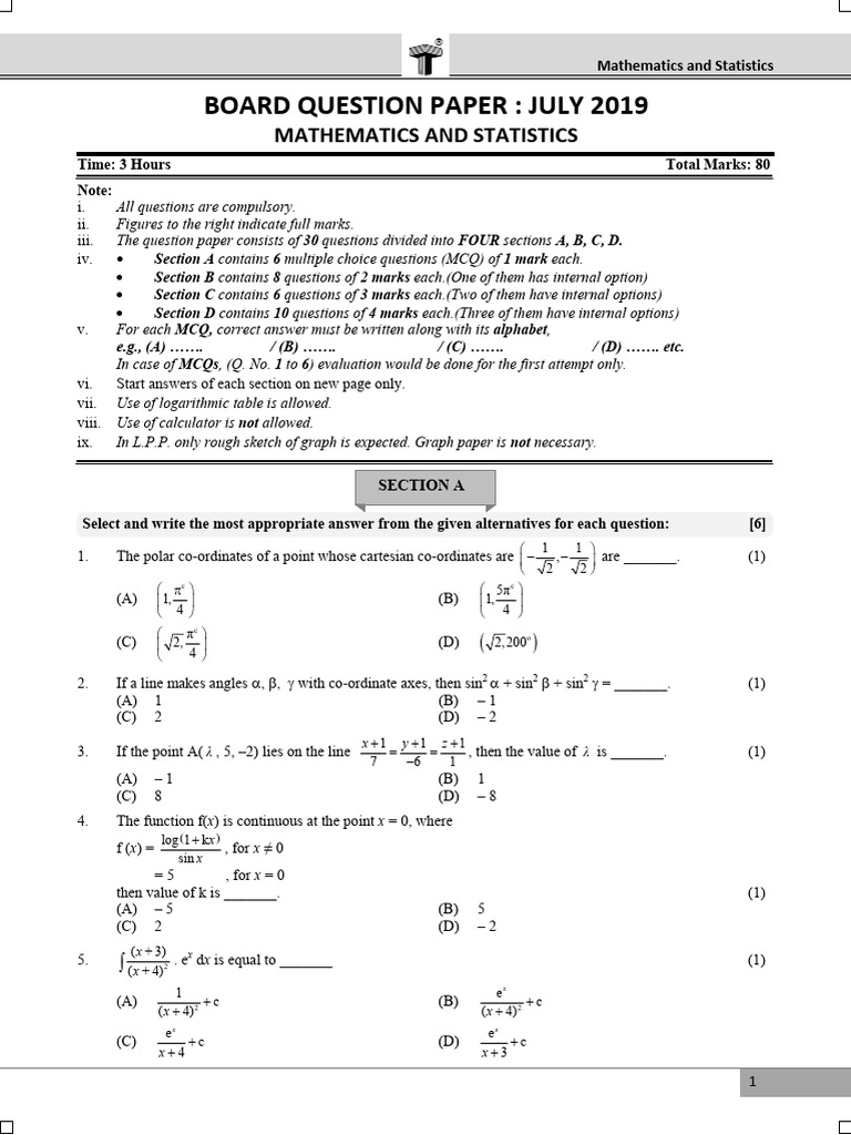Mathematics and Statistics July 2019 STD 12th Science HSC Maharashtra ...