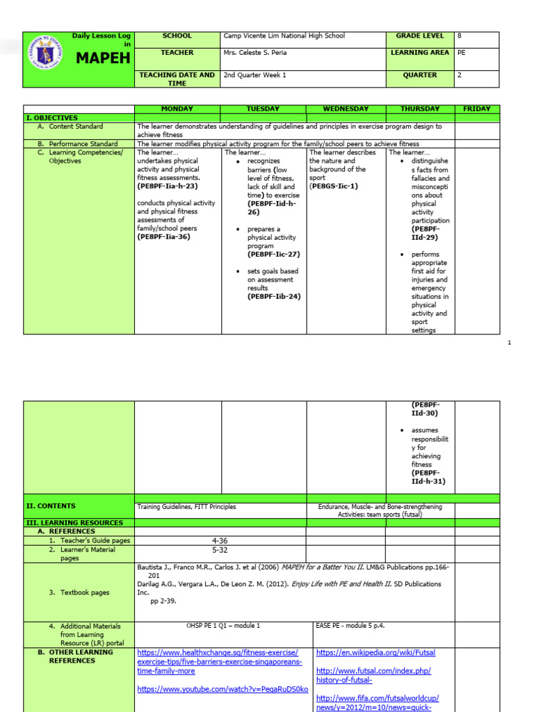 Q2 Grade 8 PE DLL Week 1 | PDF | Physical Fitness | Learning