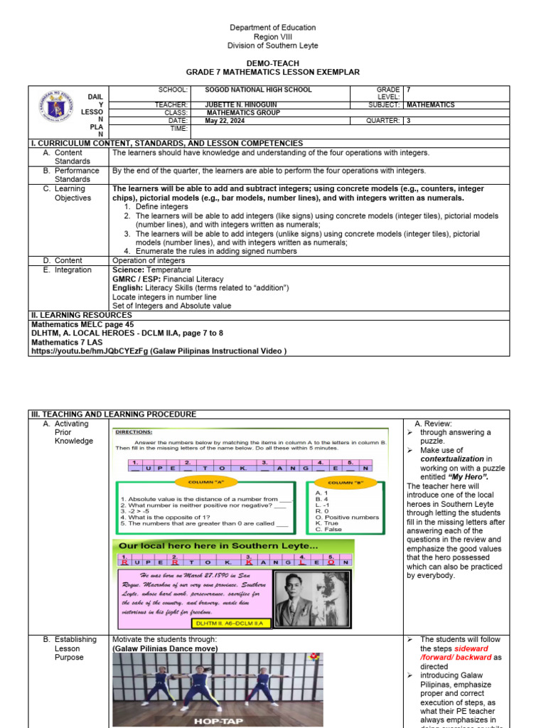 Lesson Exemplar - G7Math - Add Integers | PDF | Educational Assessment ...