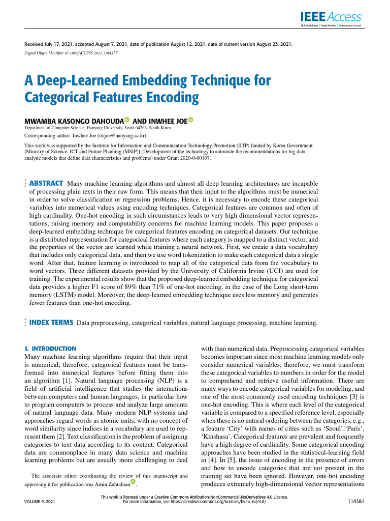 A Deep-Learned Embedding Technique For Categorical Features Encoding | PDF | Machine Learning ...