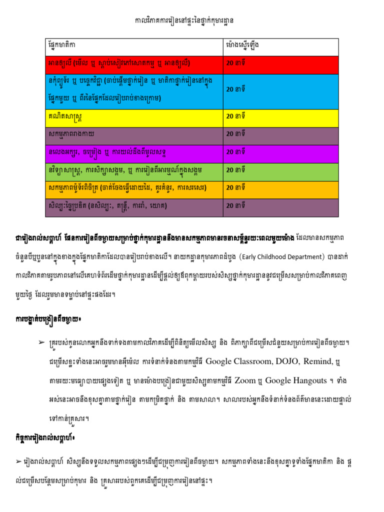 KHMER - Preschool Learning at Home Schedule | PDF